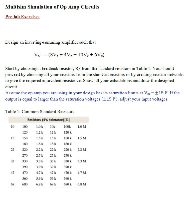 SOLVED: Title: Multisim Simulation of Op Amp Circuits Pre-lab Exercises Design an inverting ...