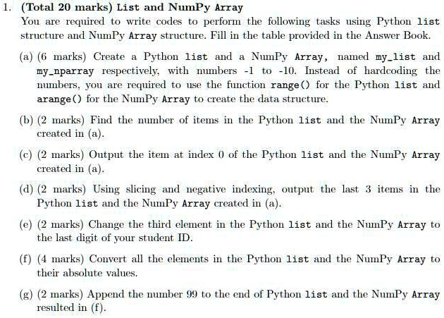 Solved Text Total 20 Marks List And Numpy Array You Are Required To Write Codes To Perform 8875