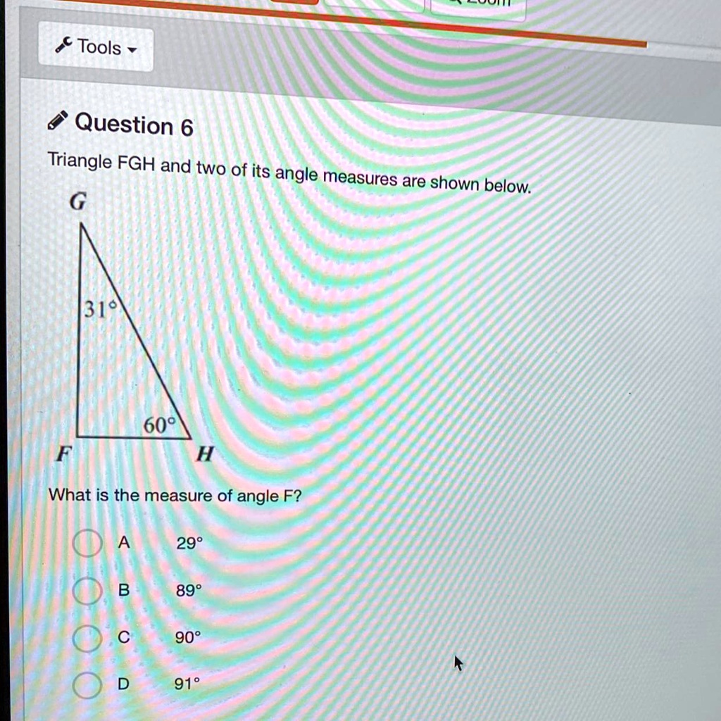 SOLVED: Question 6 Triangle FGH and two of its angle measures are shown ...