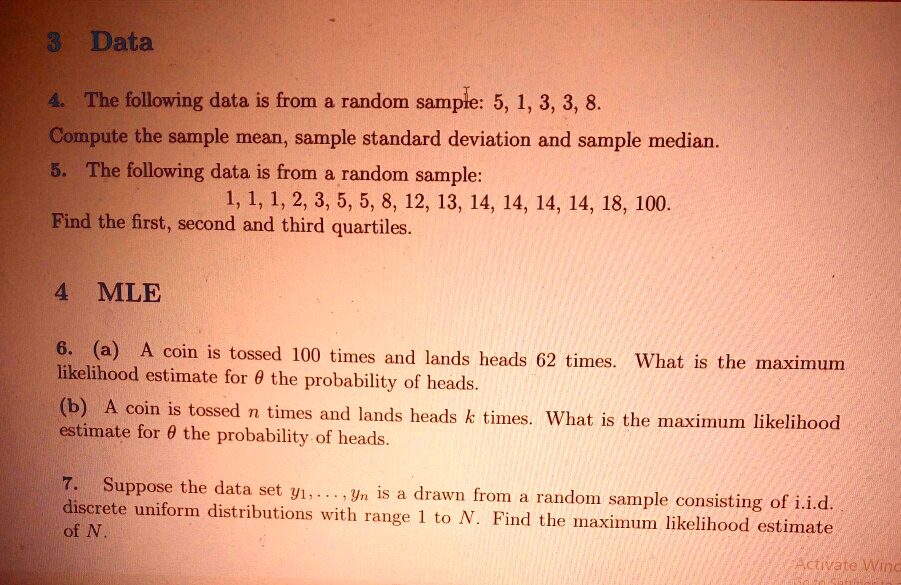 3 Data 4. The following data is from a random sample: 5, 1, 3, 3, 8 ...