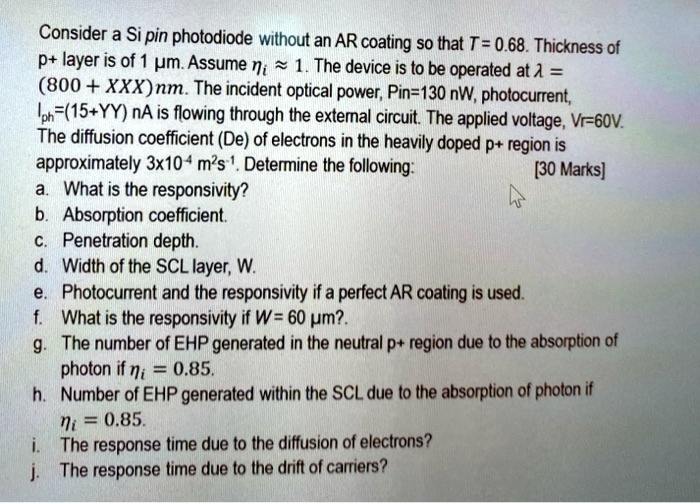 consider a si pin photodiode without an ar coating s0 that t 068 ...