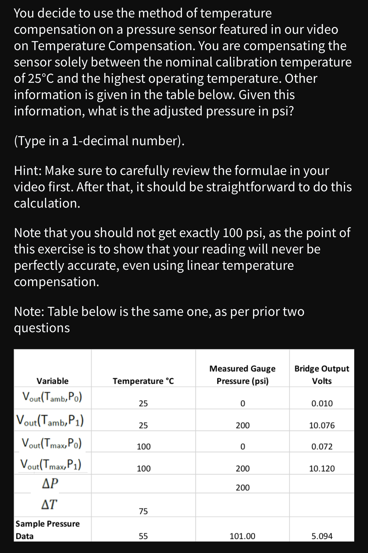 You decide to use the method of temperature compensation on a pressure ...