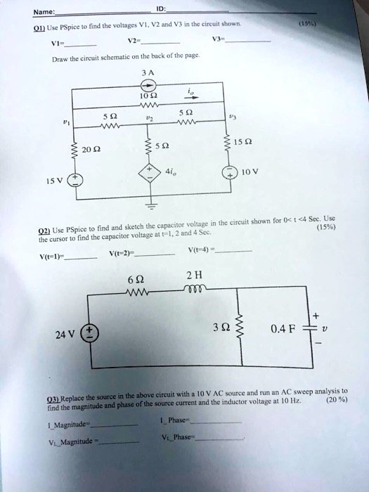 Name: ID: Q1) Use PSpice to find the voltages V1, V2 and V3 in the circuit shown. V1= V2= V3 ...