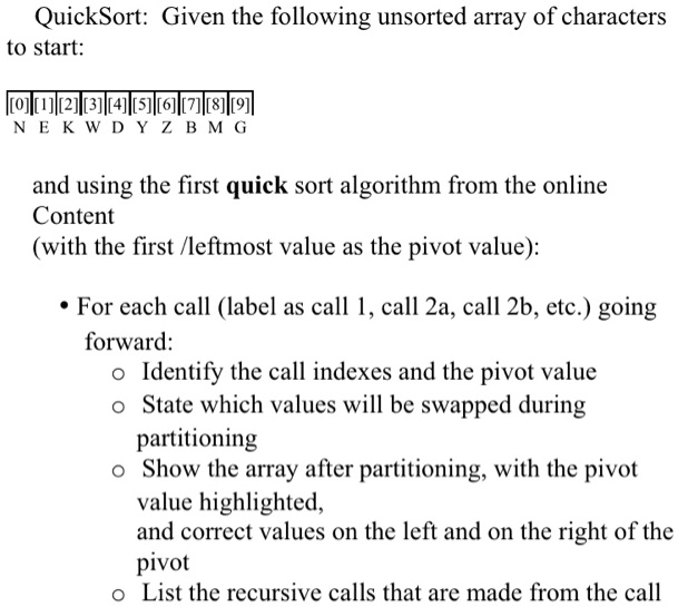 Solved Title Quicksort Algorithm Sorting An Unsorted Array Of Characters Given The Following