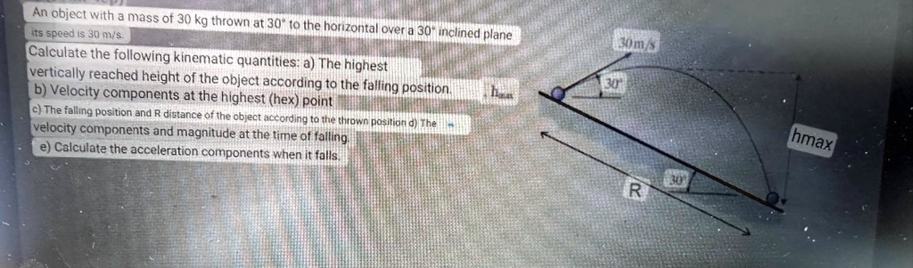 An object with a mass of 30 kg thrown at 30° to the horizontal over a ...