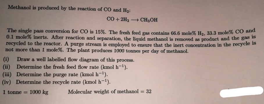 Methanol is produced by the reaction of CO and H2: CO + 2H2 → CH3OH The ...