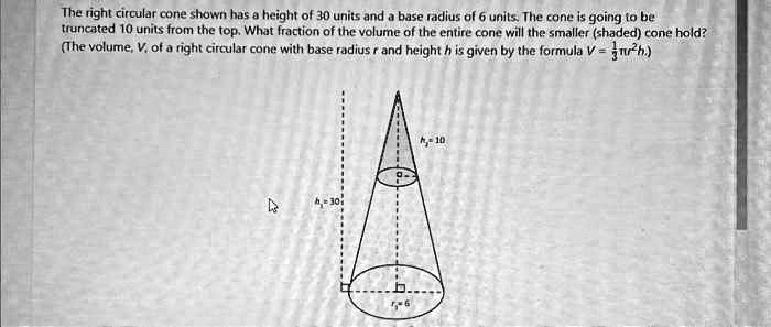 The right circular cone shown has a height of 30 units and a base ...