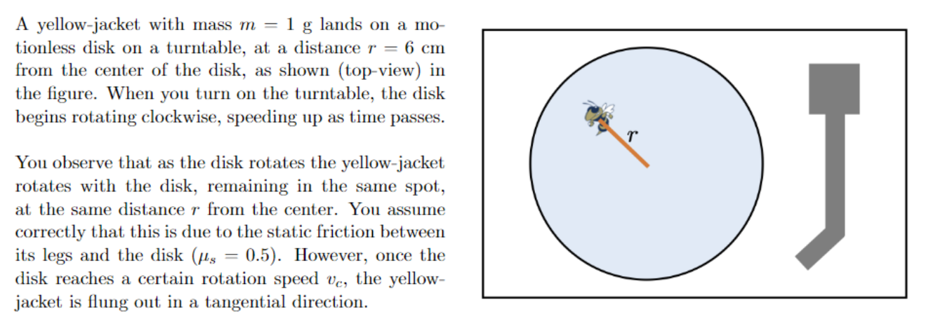 SOLVED: A yellow-jacket with mass m=1 g lands on a motionless disk on a ...