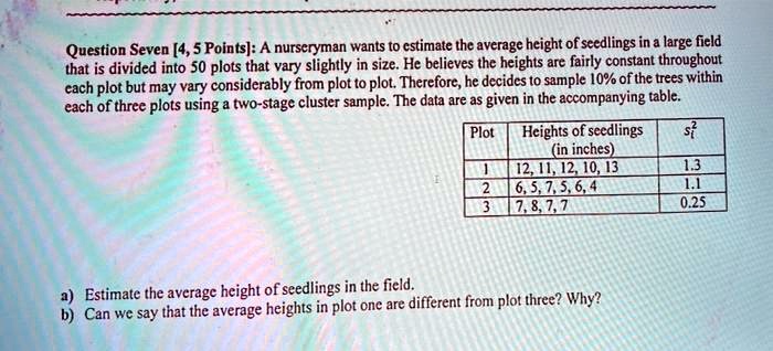 Question Seven [4, 5 Points]: A nurseryman wants to estimate...