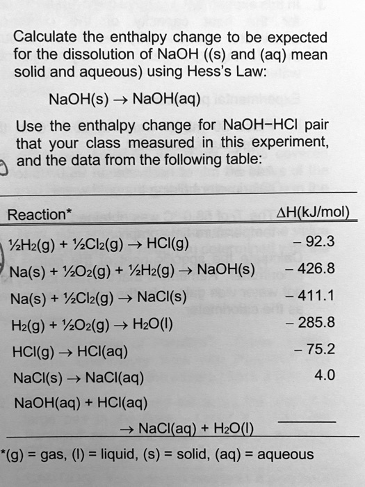 Calculate the enthalpy change to be expected for the dissolution of NaOH ((s) and (aq) mean ...