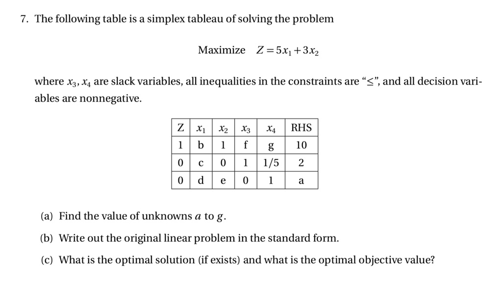 optimization the following table is a simplex tableau of solving the ...