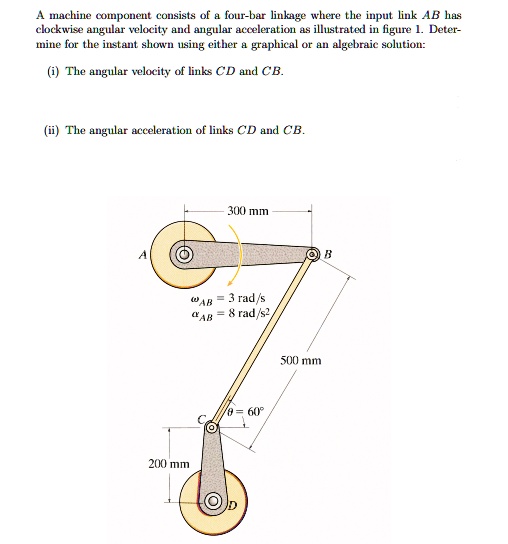 SOLVED: A machine component consists of a four-bar linkage where the input link AB has clockwise ...