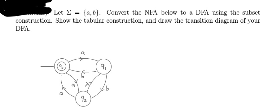 Let ? = a,b. Convert the NFA below to a DFA using the subset construction. Show the tabular ...