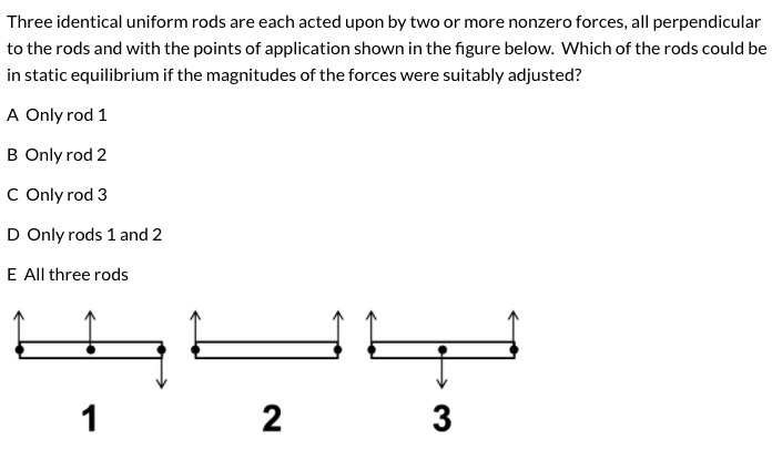 Three identical uniform rods are each acted upon by two or...