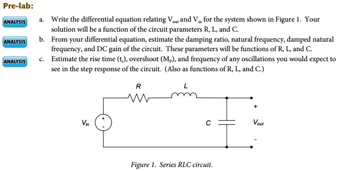 [GET ANSWER] Pre-lab: a. Write the differential equation relating Vout ...