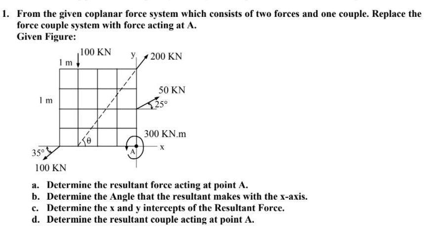 1. From the given coplanar force system which consists of two forces and one couple. Replace the ...