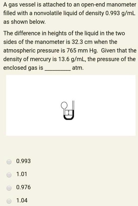 A gas vessel is attached to an open-end manometer filled with a ...