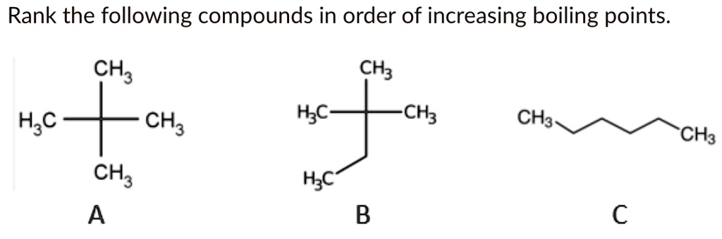 SOLVED: Rank the following compounds in order of increasing boiling points: CH; CH2; H3CCH2CH3 ...