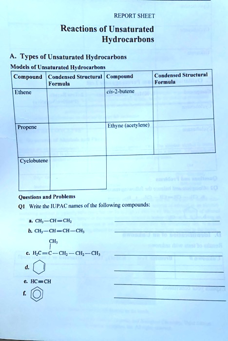 Report sheet reactions of unsaturated hydrocarbons a types...
