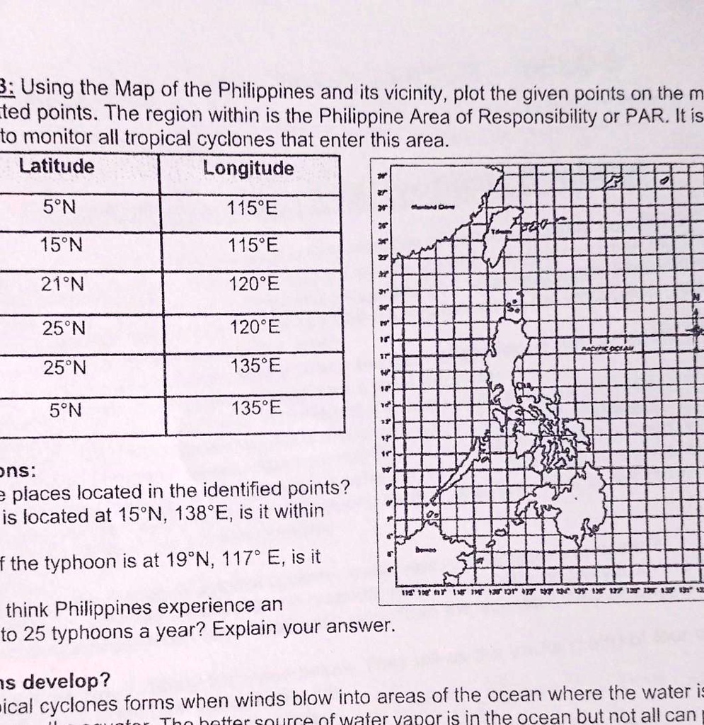 Using the map of the Philippines and its vicinity, plot the given ...