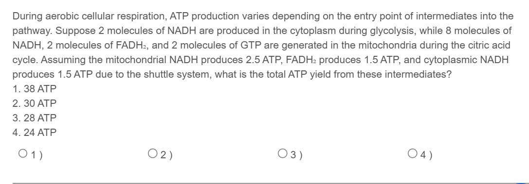During aerobic cellular respiration, ATP production varies depending on ...