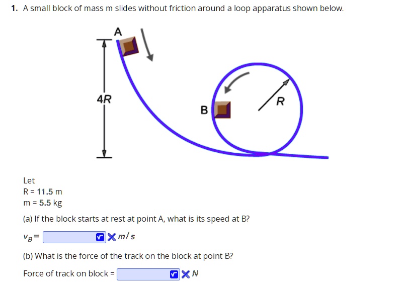 SOLVED: A small block of mass m slides without friction around a loop apparatus shown below: Let ...