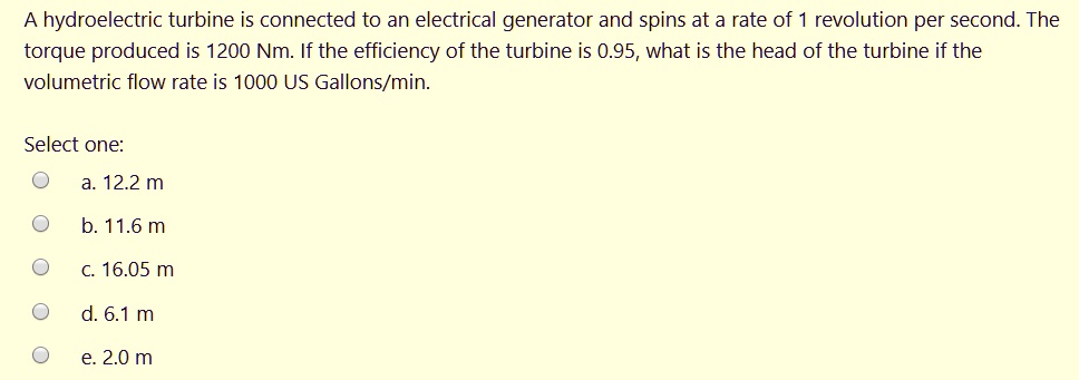 SOLVED: A hydroelectric turbine is connected to an electrical generator ...