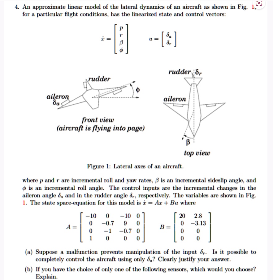 SOLVED: An approximate linear model of the lateral dynamics of an aircraft as shown in Fig. 1 ...