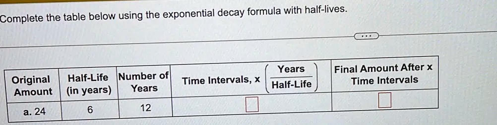 SOLVED: Complete the table below using the exponential decay formula ...