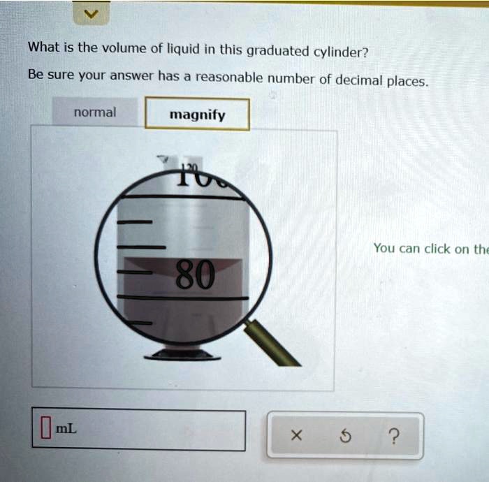 SOLVED: What is the volume of liquid in this graduated cylinder? Be ...