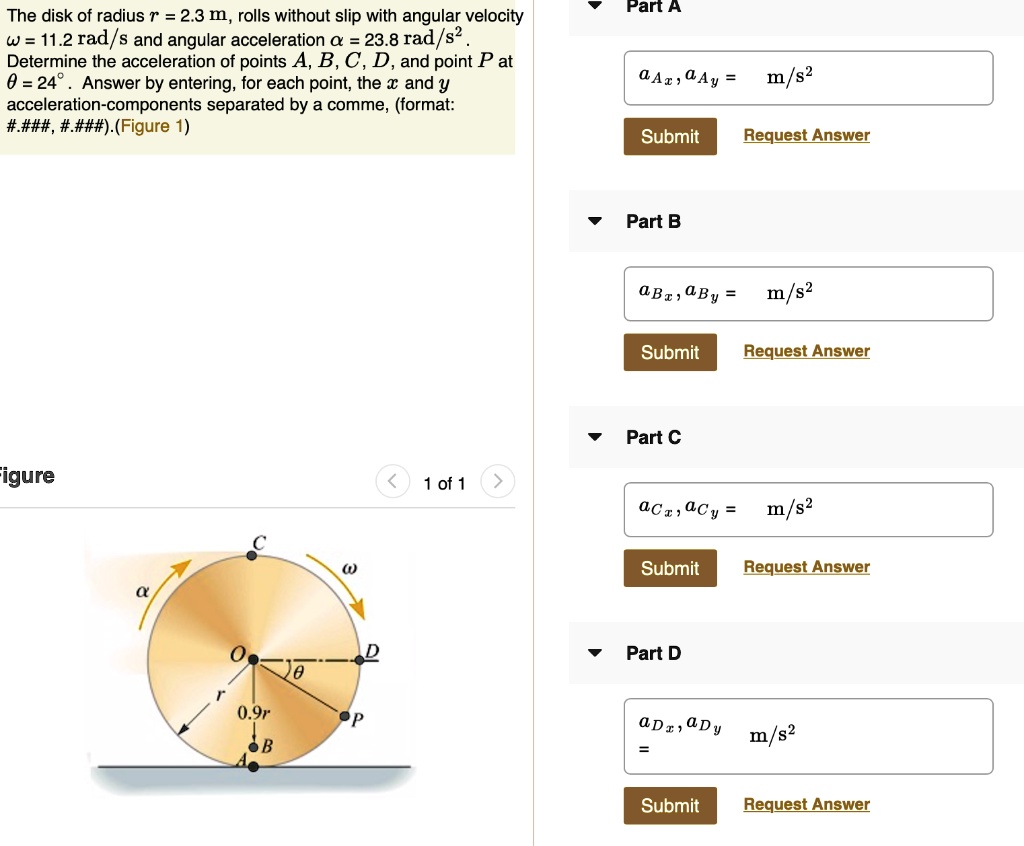 SOLVED: Also part E Apx, Apy The disk of radius r = 2.3 m rolls without slipping with angular ...