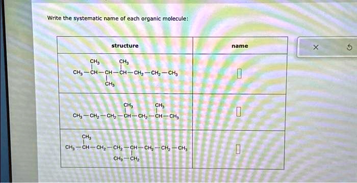 SOLVED: Write the systematic name of each organic molecule: CH3 1 CH3 ...