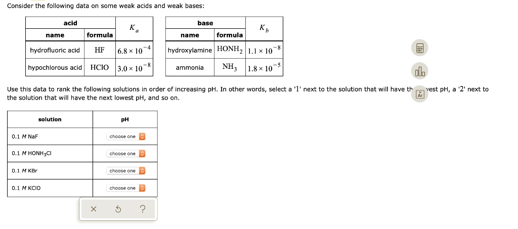 SOLVED: Consider the following data on some weak acids and weak bases ...
