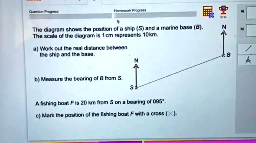 The diagram shows the position of a ship (S) and a marine base (B). The ...