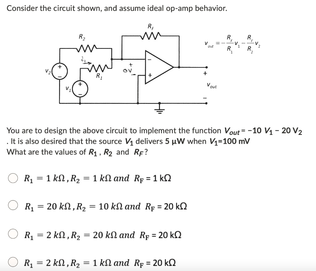 Consider the circuit shown, and assume ideal op-amp behavior. R2 RF Vout = -RF/R1 V1 - RF/R2 V2 ...