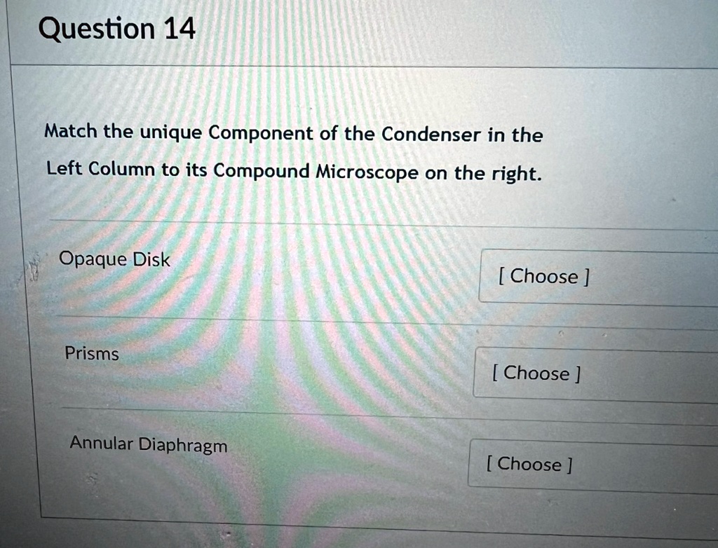 Question 14 Match the unique Component of the Condenser in the Left ...