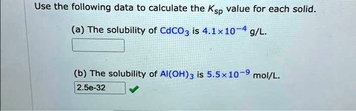 SOLVED: Use the following data to calculate the Ksp value for each solid. a. The solubility of ...