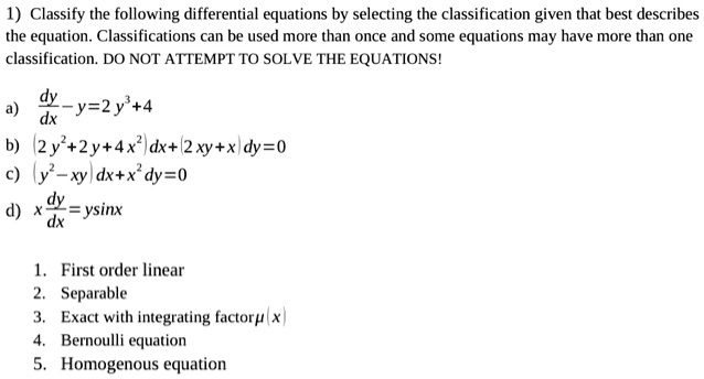 1 classify the following differential equations by selecting the ...