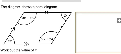 SOLVED: The diagram shows parallelogram: 3x - 15 Work out the value of x