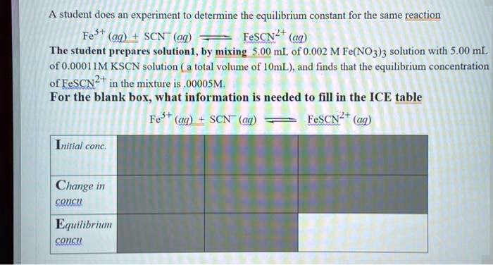 SOLVED: A student does an experiment to determine the equilibrium constant for the same reaction ...