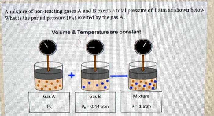 A mixture of non-reacting gases A and B exerts a total pressure of 1 atm as shown below. What is ...