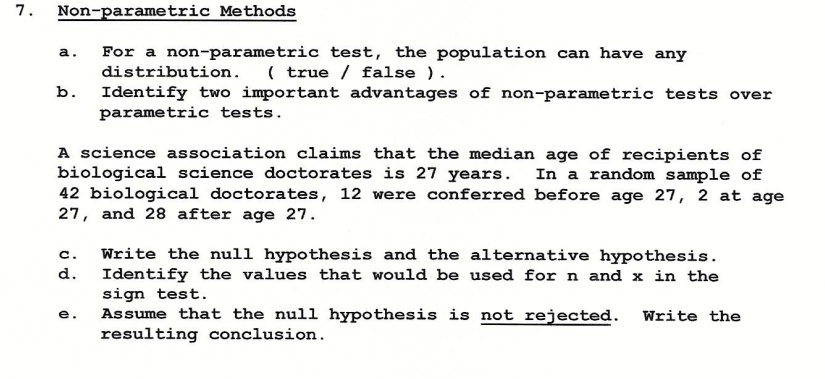 Solved 7 Non Parametric Methods A For A Non Parametric Test The