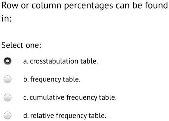 SOLVED: Row or column percentages can be found in: Select one a ... SOLVED: Row or column percentages can be found in: Select one a ...