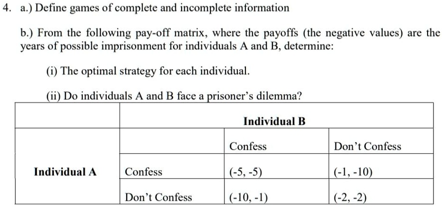4. a.) Define games of complete and incomplete information b.) From the ...