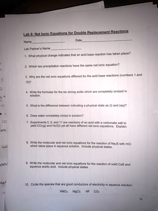 SOLVED: Lab B: Net lonic Equations for Double Replacement Reactions Name Date Lab Parier Name ...