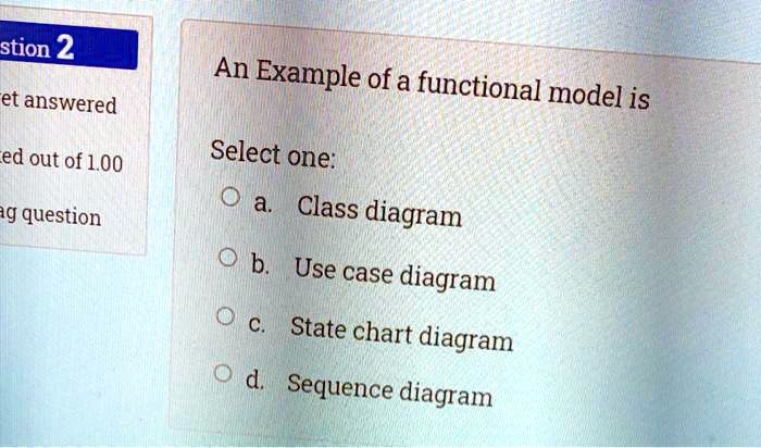 SOLVED: Question 2 An example of a functional model is: Select one ...