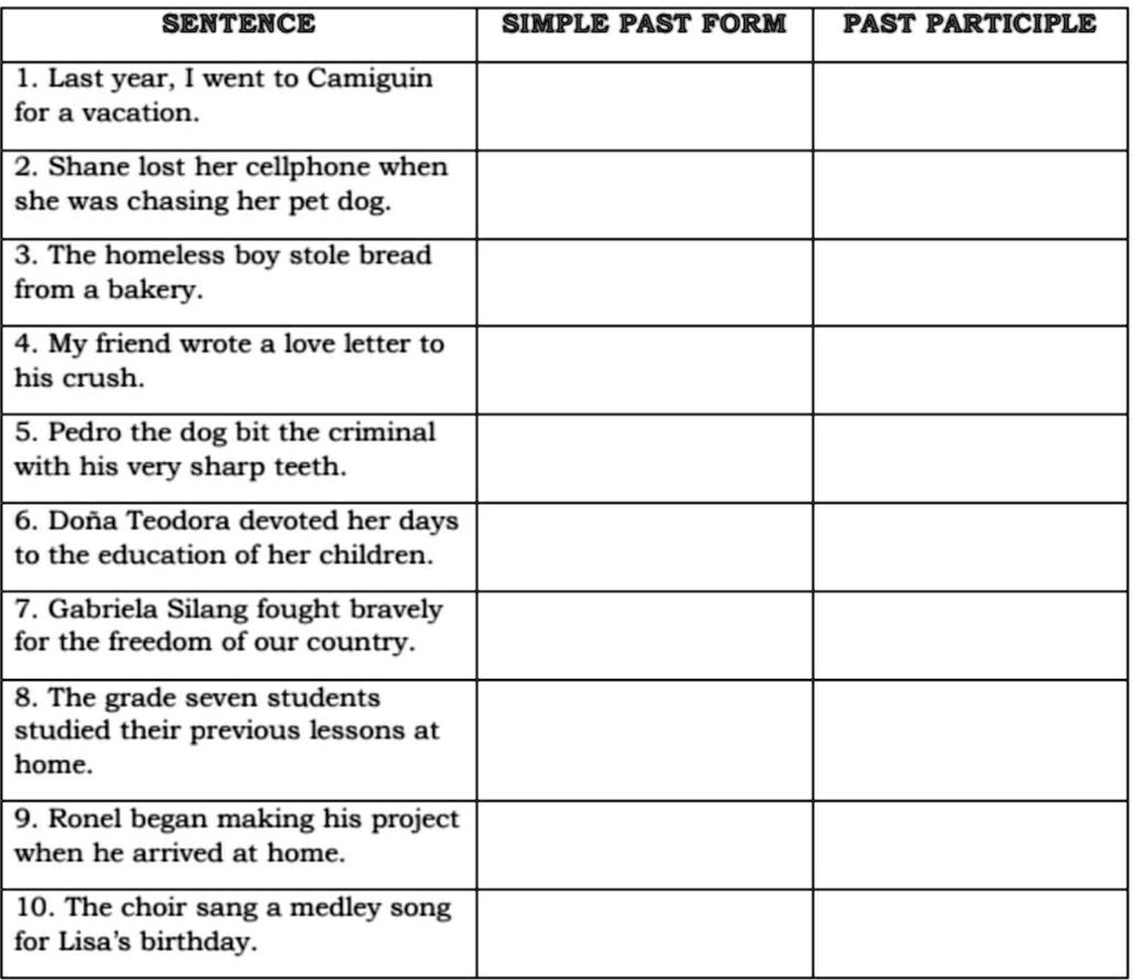 make the following sentences into simple past form and into its past ...