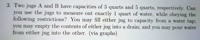 SOLVED: Two jugs A and B have capacities of 3 quarts and 5 quarts ...