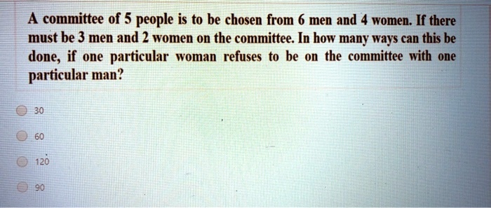 a committee of 5 people is to be chosen from 6 men and 4 women if there ...