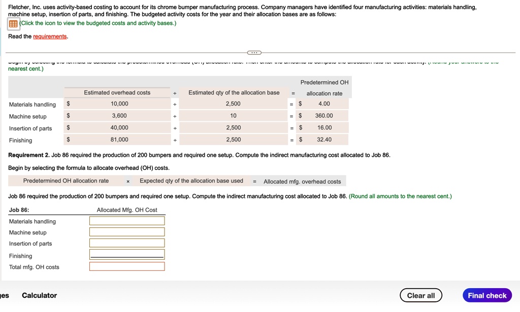 SOLVED: Fletcher, Inc. uses activity-based costing to account for its chrome bumper ...